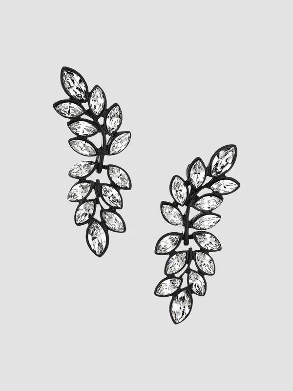 KENNETH JAY LANE Black Enamel & Leaf Drop Earrings - Crystal