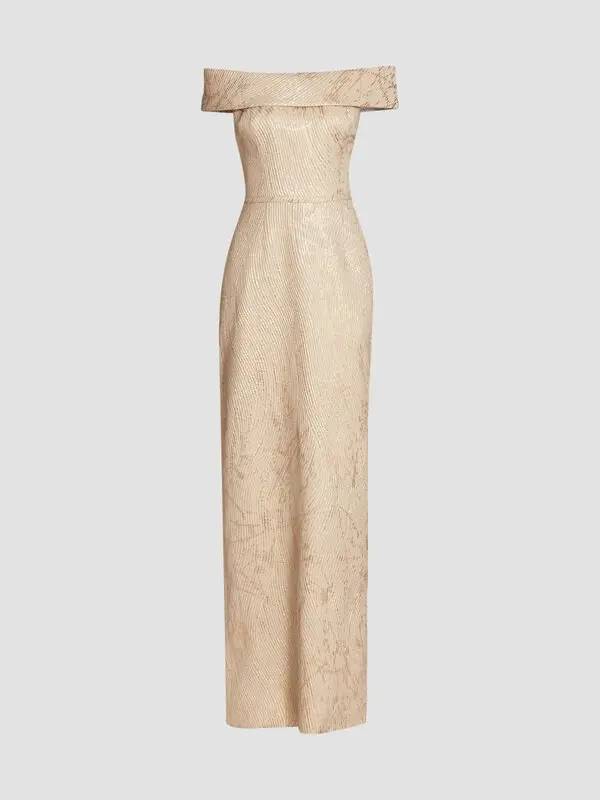 Rickie Freeman For Teri Jon Off-the-shoulder Metallic Jacquard Gown - Gold