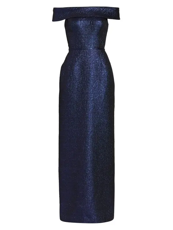 Rickie Freeman For Teri Jon Off-the-shoulder Metallic Jacquard Gown - Sapphire