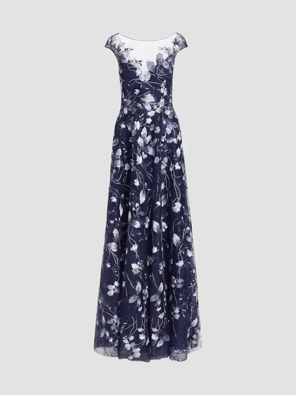 Rickie Freeman For Teri Jon Embroidered Mesh Gown - Navy Silver