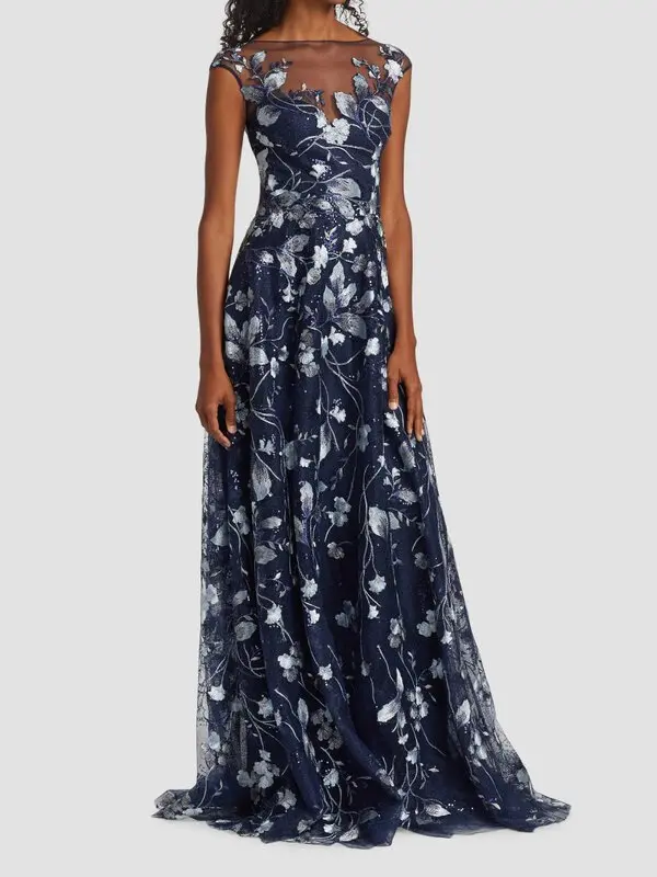 Rickie Freeman For Teri Jon Embroidered Mesh Gown - Navy Silver