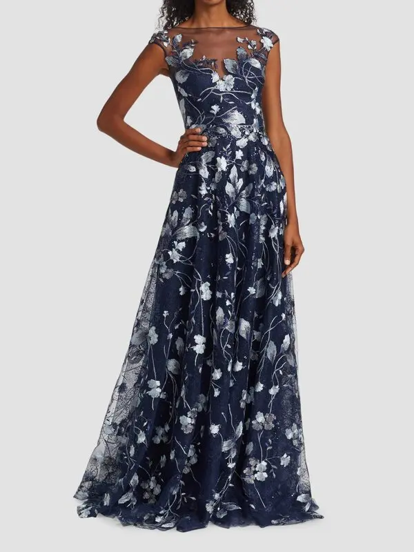 Rickie Freeman For Teri Jon Embroidered Mesh Gown - Navy Silver