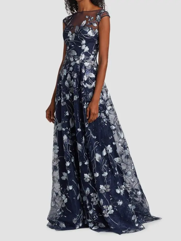 Rickie Freeman For Teri Jon Embroidered Mesh Gown - Navy Silver