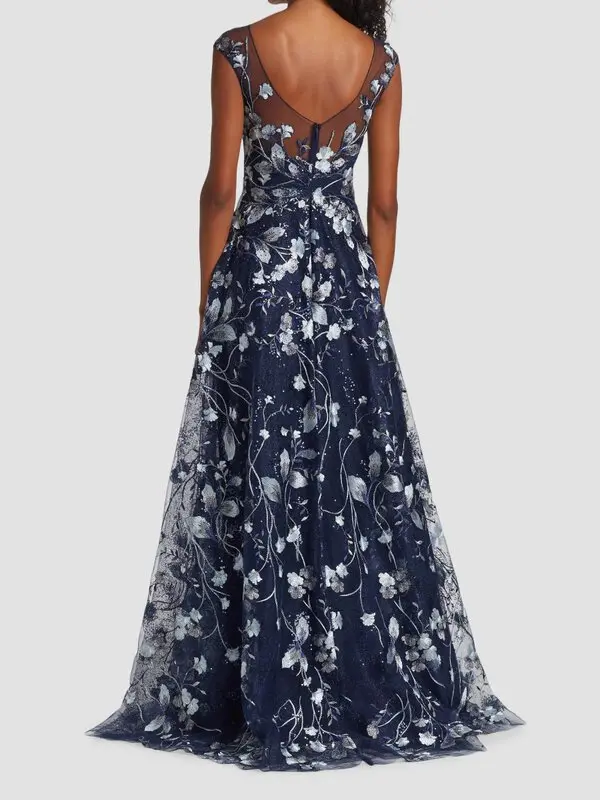 Rickie Freeman For Teri Jon Embroidered Mesh Gown - Navy Silver