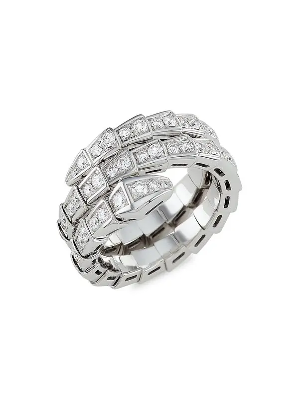 BVLGARI Serpenti Viper 18k & Pavé Diamond 2-coil Ring - White Gold