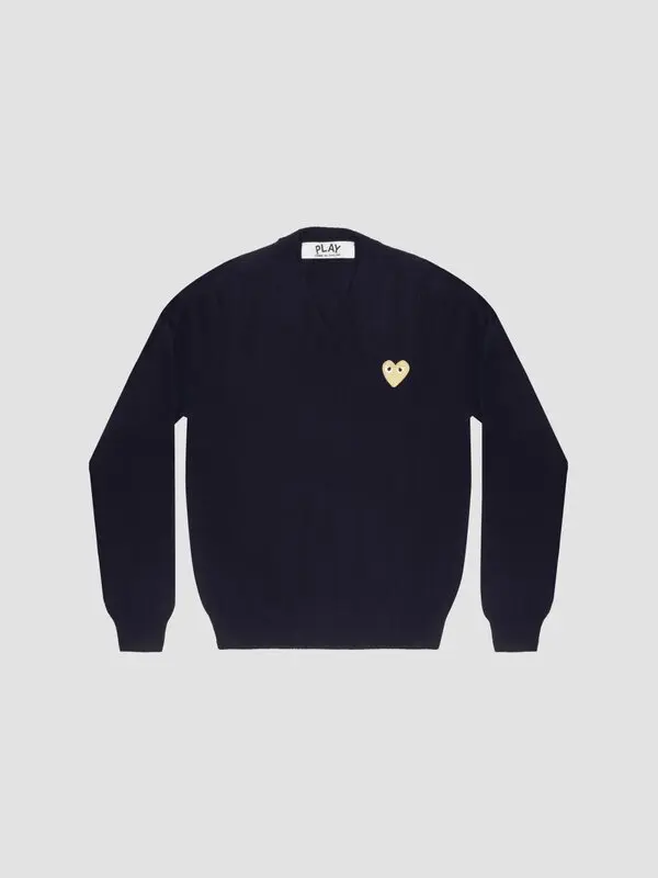 Play Comme Des Garcon Wool V-neck Heart Sweater - Navy