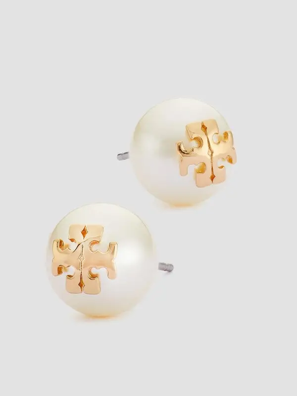 Tory Burch Crystal-pearl Yellow Goldtone Logo Stud Earrings - Ivory