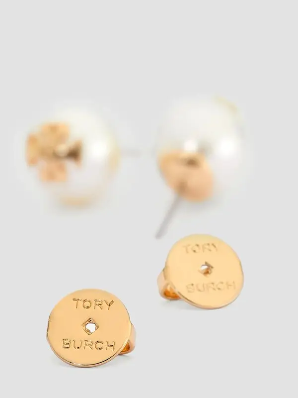 Tory Burch Crystal-pearl Yellow Goldtone Logo Stud Earrings