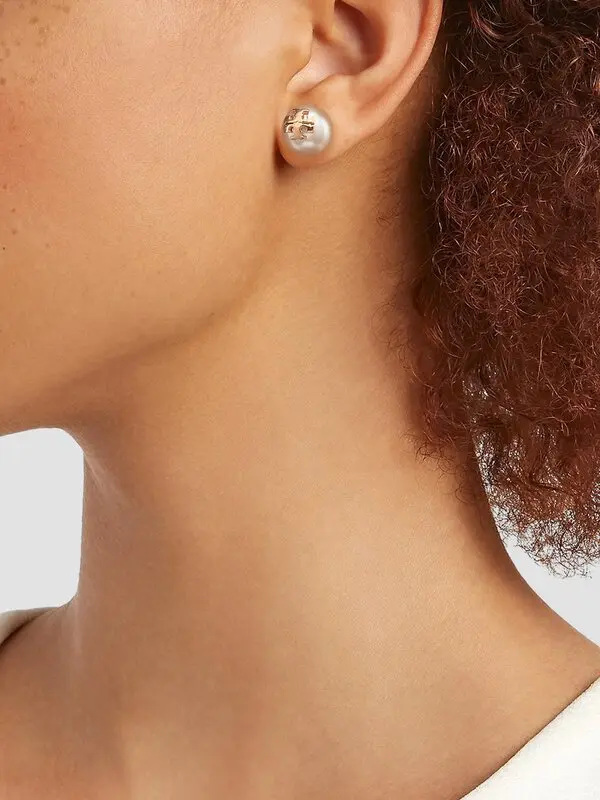 Tory Burch Crystal-pearl Yellow Goldtone Logo Stud Earrings