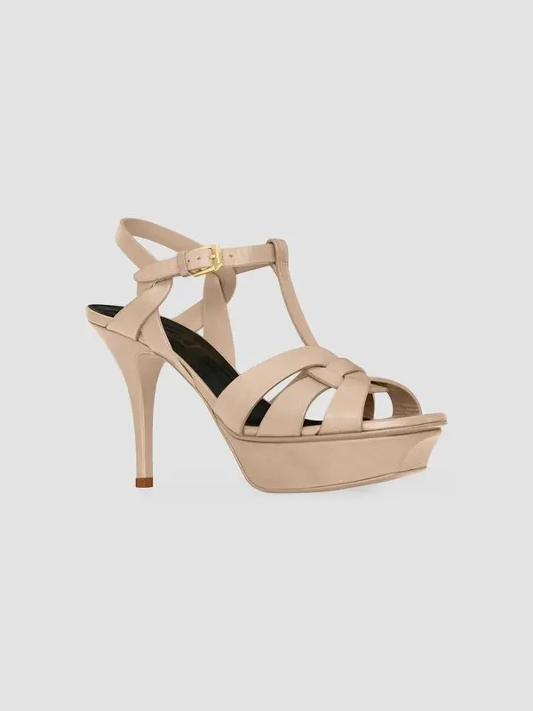 Saint Laurent Tribute 75mm Leather Platform Sandals - Dark Beige