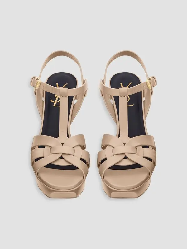 Saint Laurent Tribute 75mm Leather Platform Sandals - Dark Beige