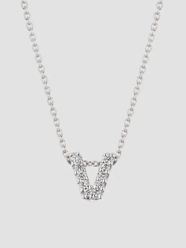 Roberto Coin Tiny Treasures 0.08 Tcw Diamond & 18k White Gold Initial Necklace - Initial V