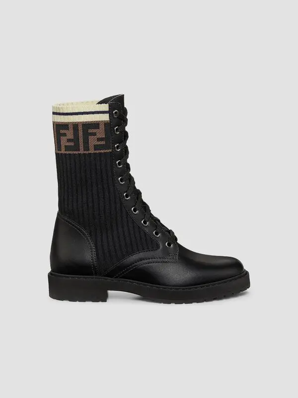Fendi Rockoko Leather & Knit Combat Boots - Black