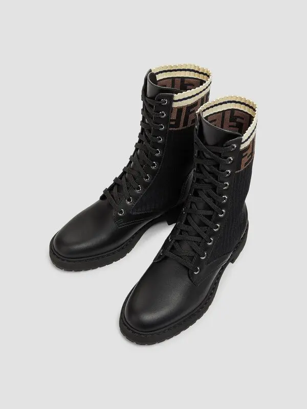 Fendi Rockoko Leather & Knit Combat Boots