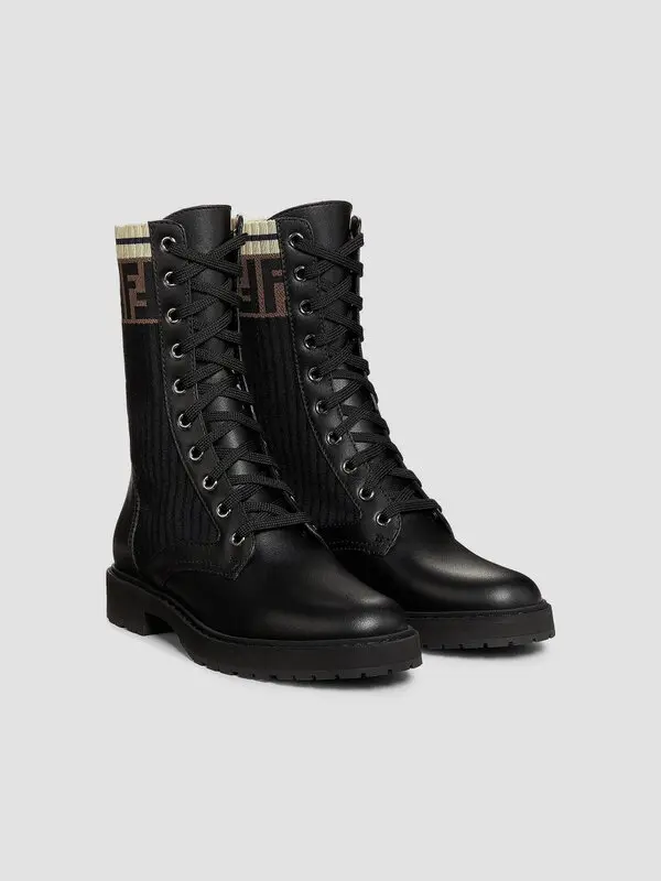 Fendi Rockoko Leather & Knit Combat Boots