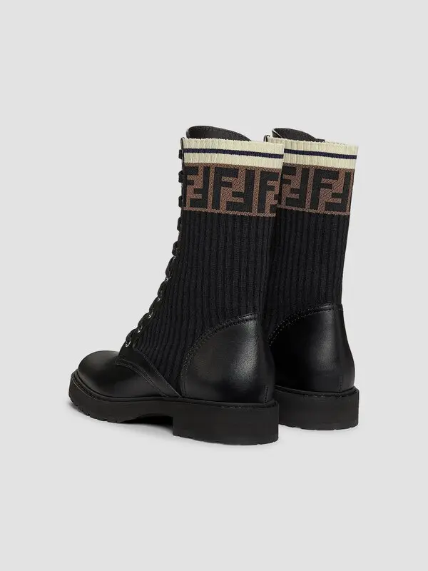 Fendi Rockoko Leather & Knit Combat Boots