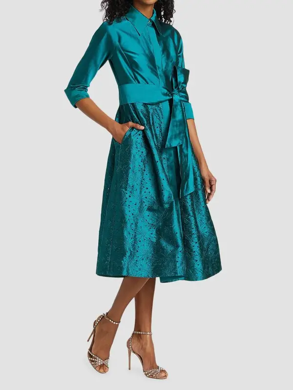 Rickie Freeman For Teri Jon Taffeta Laser Cut Shirtdress - Teal