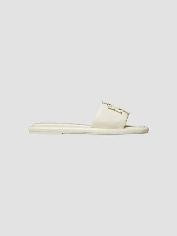 Tory Burch Double-t Monogram Padded Leather Slide Sandals - Cream