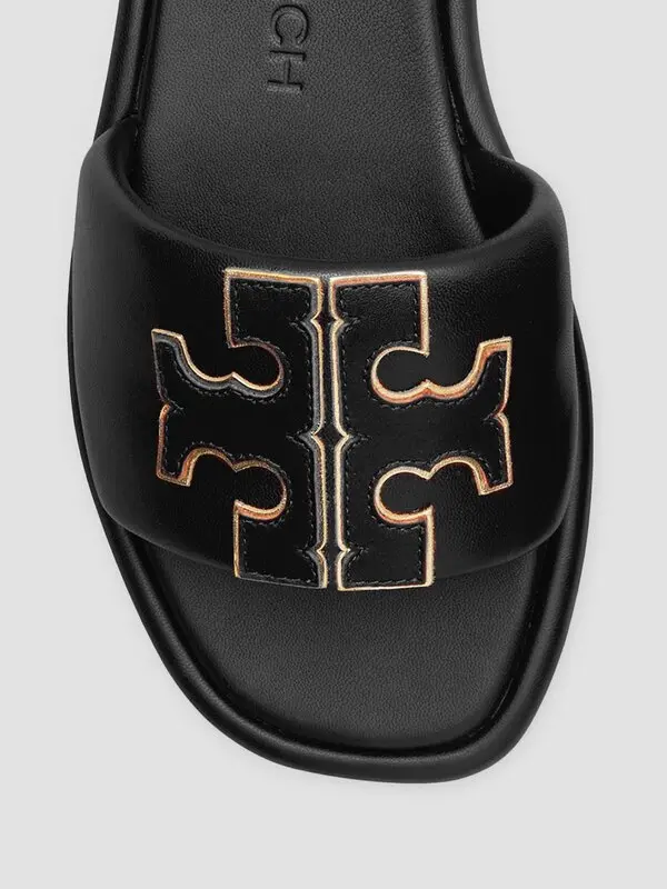 Tory Burch Double-t Monogram Padded Leather Slide Sandals - Perfect Black