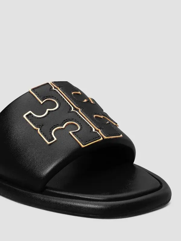 Tory Burch Double-t Monogram Padded Leather Slide Sandals - Perfect Black