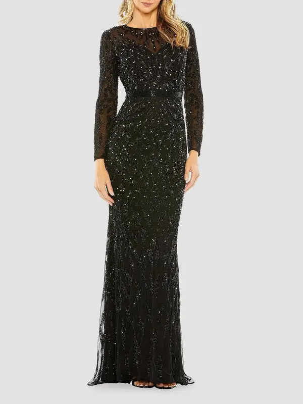 Mac Duggal Illusion Sequin Gown - Black
