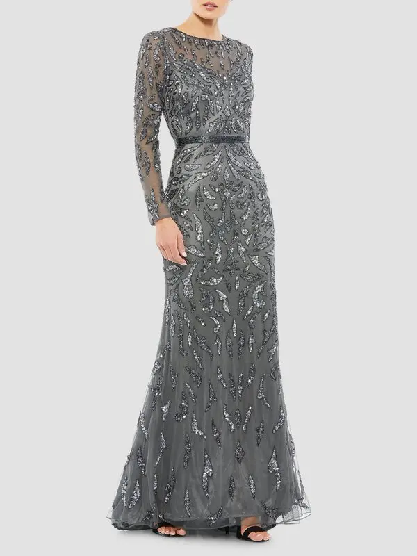 Mac Duggal Illusion Sequin Gown - Charcoal