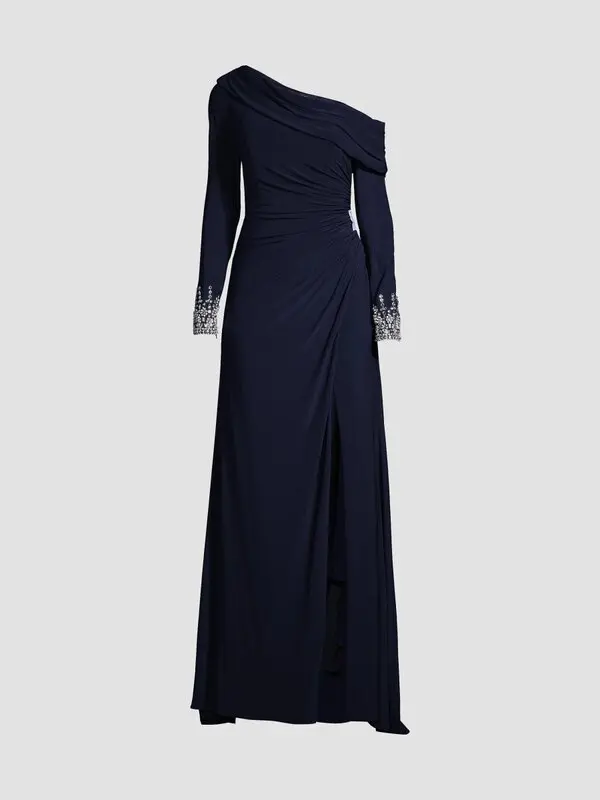 Mac Duggal One-shoulder Jersey Ruched Side Slit Gown