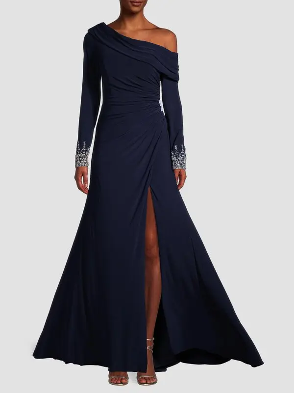 Mac Duggal One-shoulder Jersey Ruched Side Slit Gown