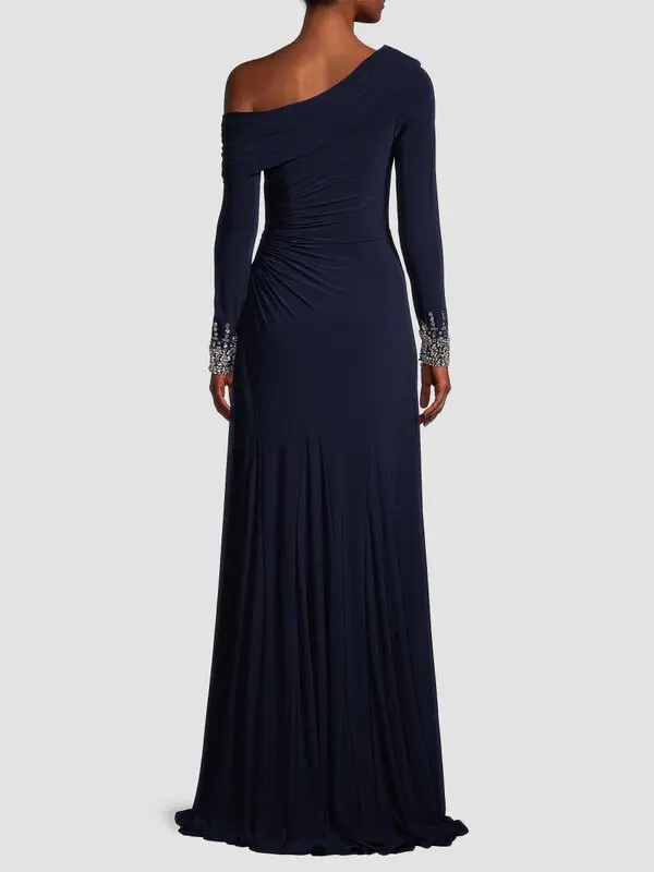 Mac Duggal One-shoulder Jersey Ruched Side Slit Gown