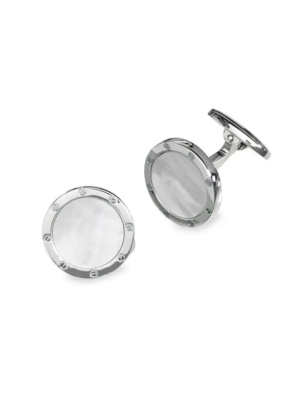 JAN LESLIE Etched Rivet Round Onyx Cufflinks - Silver