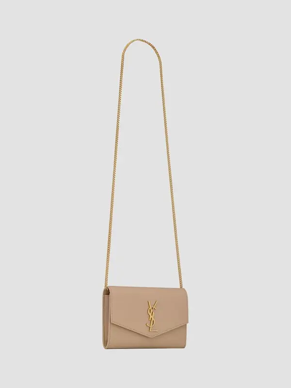 Saint Laurent Uptown Chain Wallet In Grain De Poudre Embossed Leather - Dark Beige