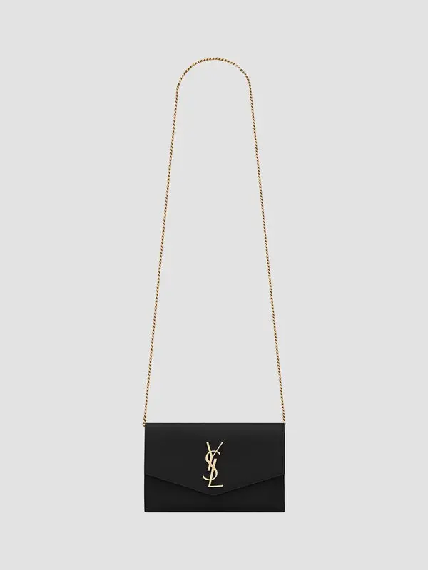 Saint Laurent Uptown Chain Wallet In Grain De Poudre Embossed Leather - Nero
