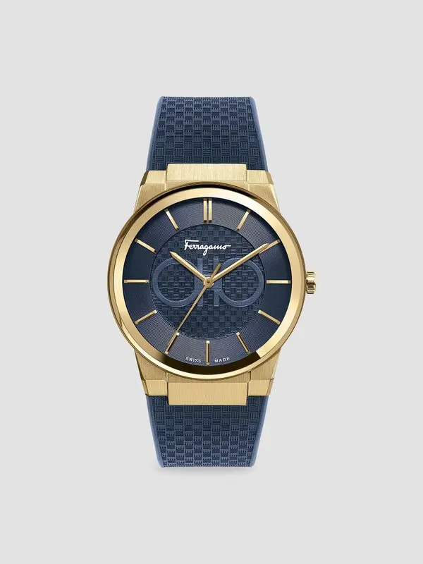 FERRAGAMO Sapphire Yellow Ip Double Gancini Rubber Strap Watch - Gold