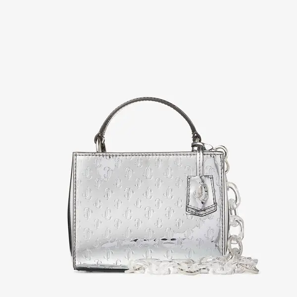 JIMMY CHOO Varenne Top Handle Mini Silver Jc Mirror Fabric Mini Bag With Plexi Chain Strap Silver