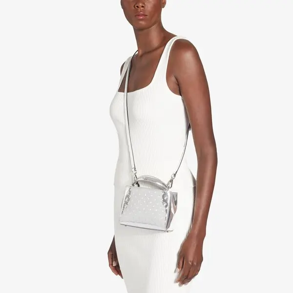 JIMMY CHOO Varenne Top Handle Mini Silver Jc Mirror Fabric Mini Bag With Plexi Chain Strap Silver