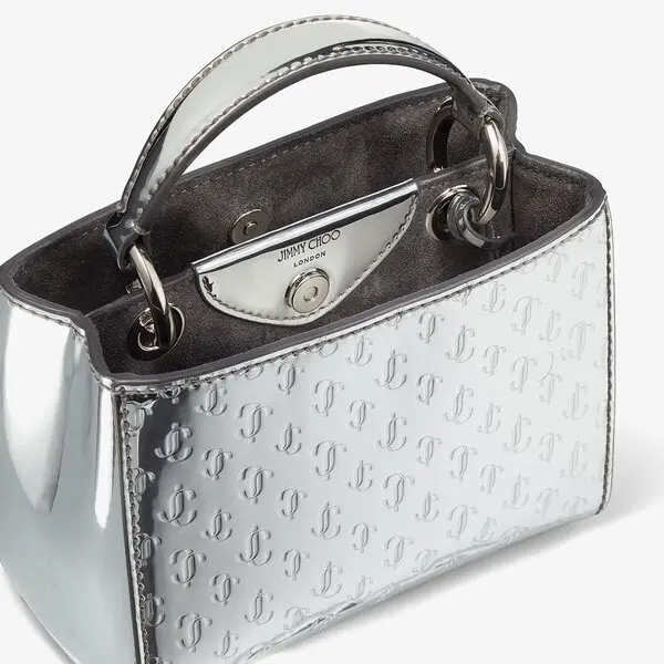 JIMMY CHOO Varenne Top Handle Mini Silver Jc Mirror Fabric Mini Bag With Plexi Chain Strap Silver