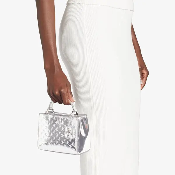 JIMMY CHOO Varenne Top Handle Mini Silver Jc Mirror Fabric Mini Bag With Plexi Chain Strap Silver