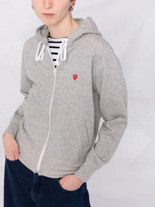Play Comme Des Garcon Embroidered-motif Zip-front Hoodie - Grey