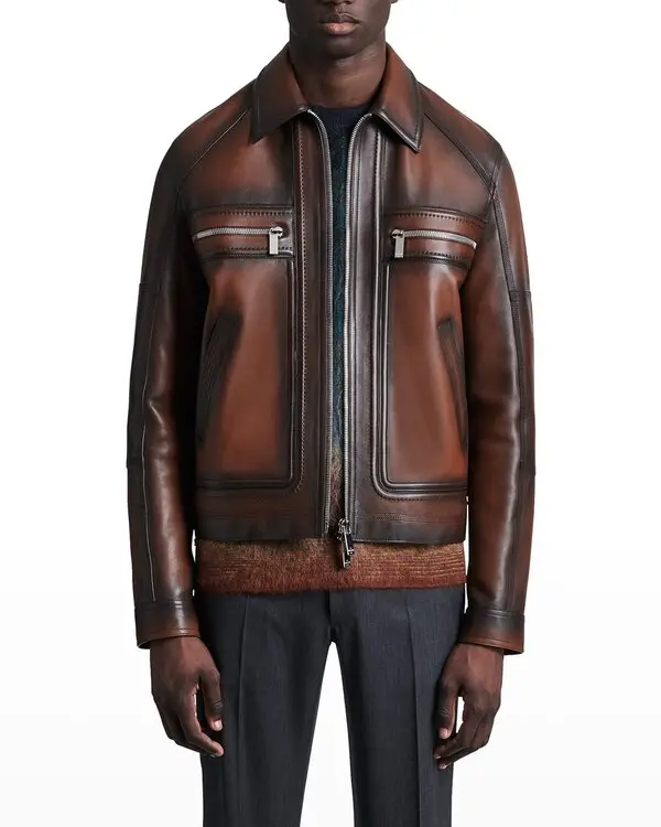 Berluti Patina Leather Blouson Jacket Tawny Brown Editorialist