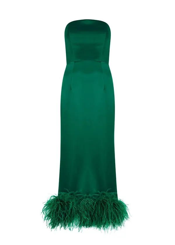 16Arlington Minelli Emerald Feather-trimmed Satin Midi Dress