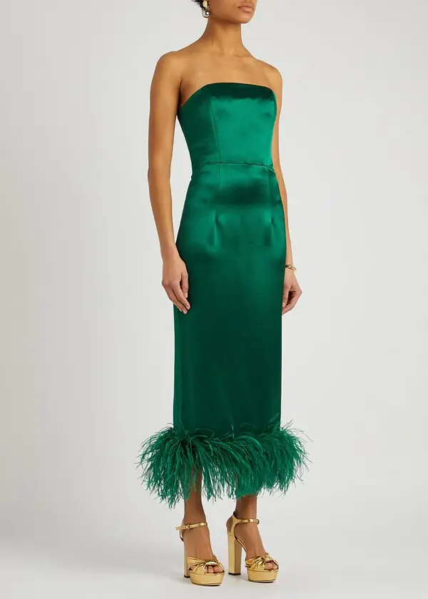 16Arlington Minelli Emerald Feather-trimmed Satin Midi Dress