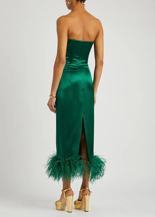 16Arlington Minelli Emerald Feather-trimmed Satin Midi Dress