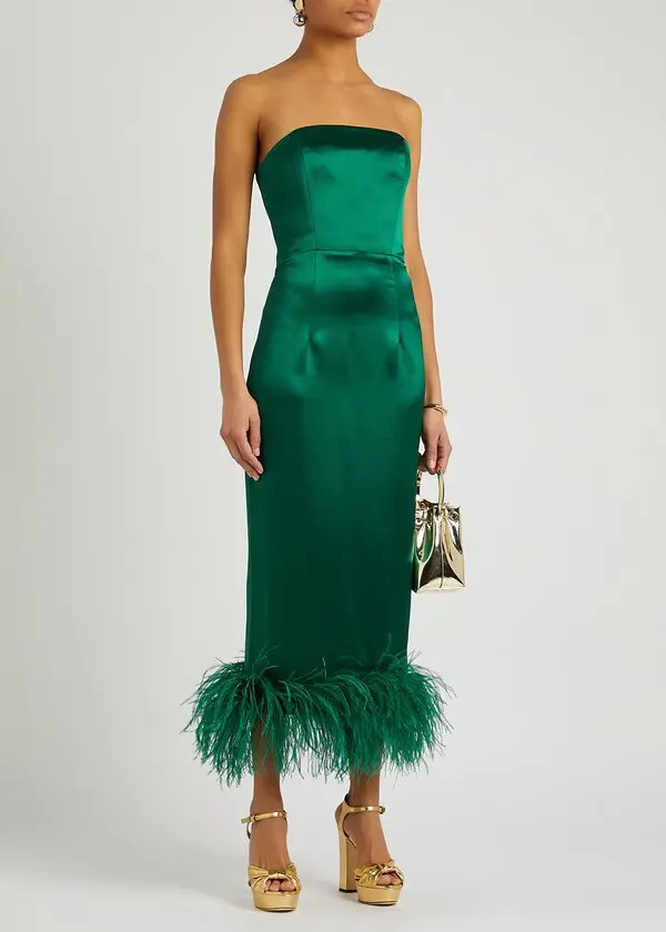 16Arlington Minelli Emerald Feather-trimmed Satin Midi Dress