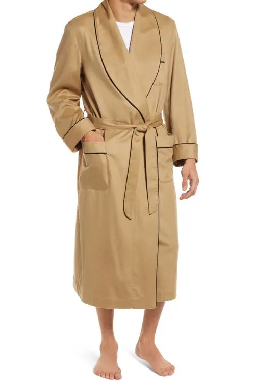 Majestic International Woven Cashmere Robe - Cashew W/black Braid