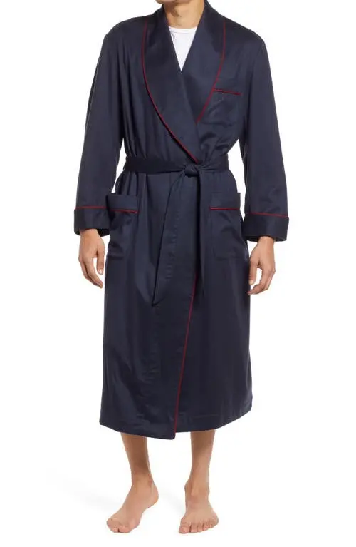 Majestic International Woven Cashmere Robe - Navy W/ Burgundy Braid