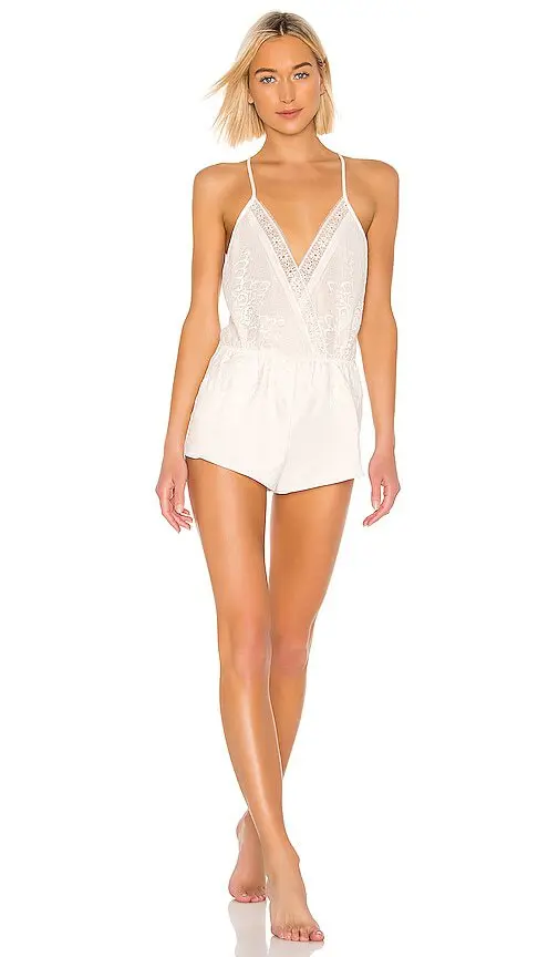 Flora Nikrooz Genevive Charmeuse Lace Romper - Antique Ivory