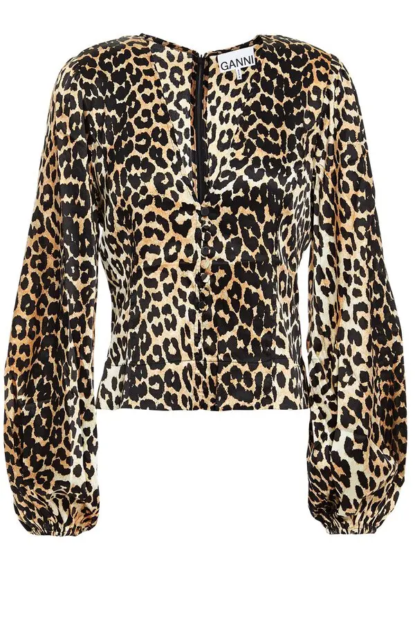GANNI Leopardprint Silkblend Satin Top - Animal Print