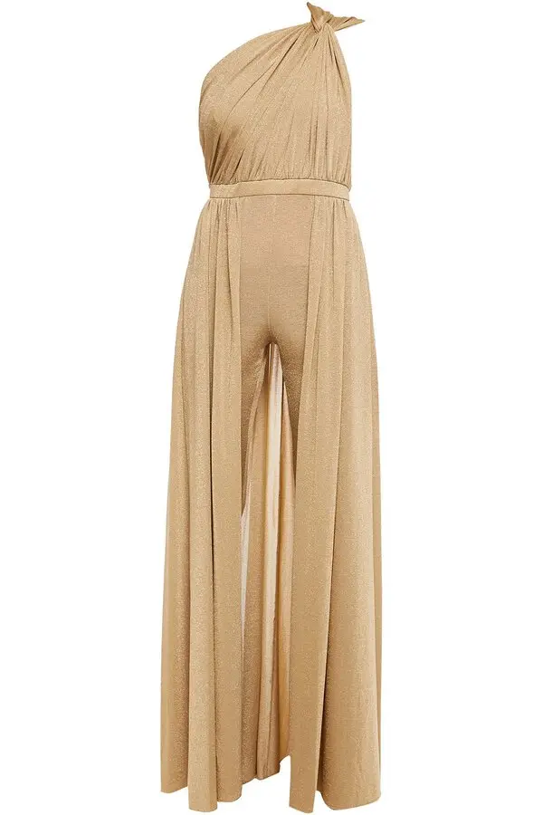 Halston Ira Oneshoulder Twistfront Layered Lurex Jumpsuit - Gold