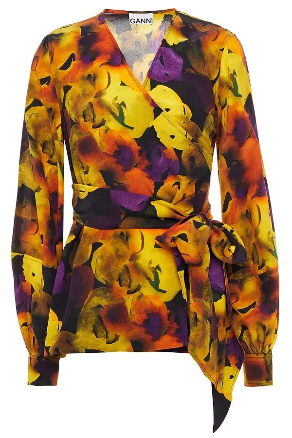 GANNI Printed Crepe De Chine Wrap Top - Marigold