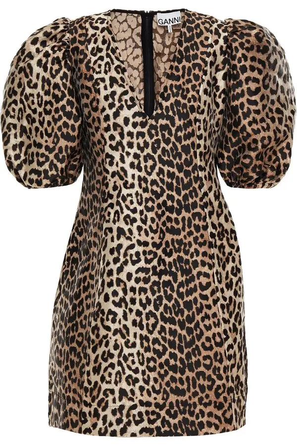 GANNI Gathered Leopardjacquard Mini Dress - Animal Print